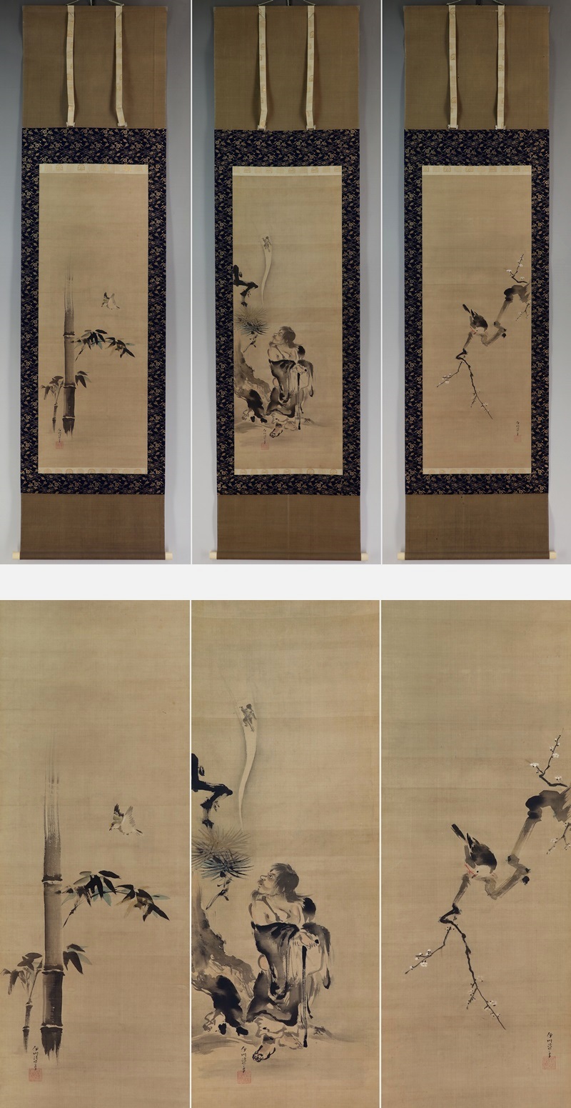 日本代購代標第一品牌【樂淘letao】－名品【真作】狩野伊川院【三対幅・鉄拐・慶祝図】 絹本 合箱 掛軸 v05010