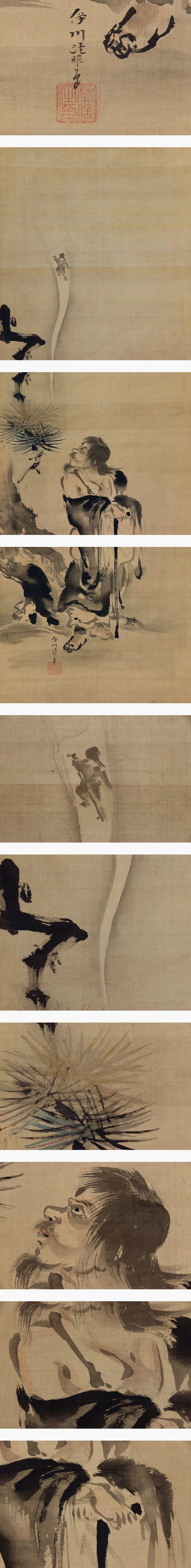 日本代購代標第一品牌【樂淘letao】－名品【真作】狩野伊川院【三対幅・鉄拐・慶祝図】 絹本 合箱 掛軸 v05010